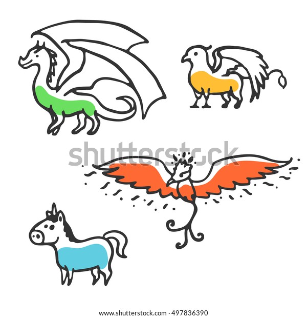 Set Cute Little Cartoon Mythical Beasts Stock Vector (Royalty Free ...