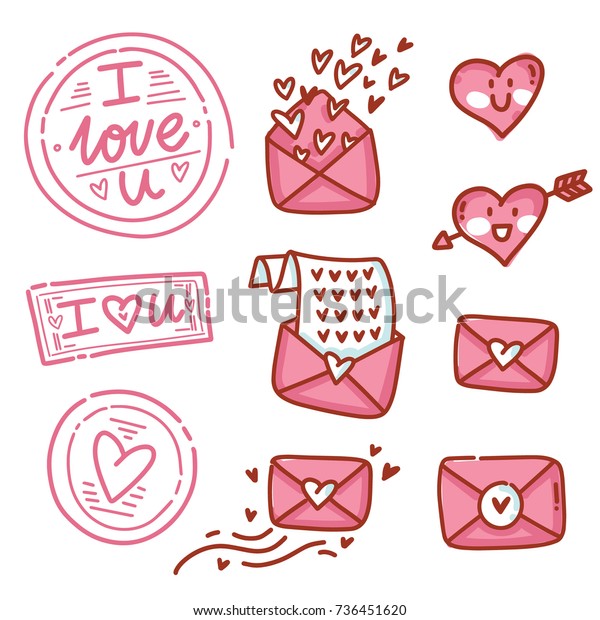 Set of cute love letters envelopes and doodles: icons, symbols, heart ...