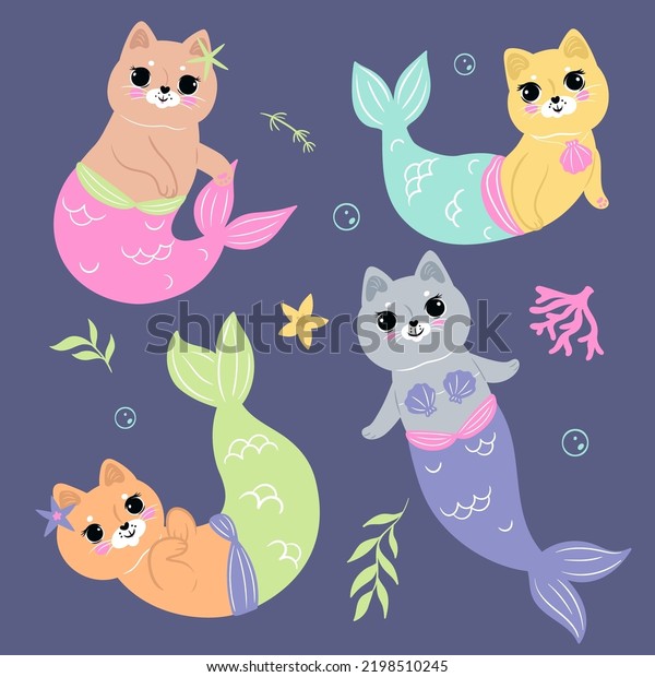 Set Cute Mermaid Cats Vector Graphics Stock Vector (Royalty Free ...