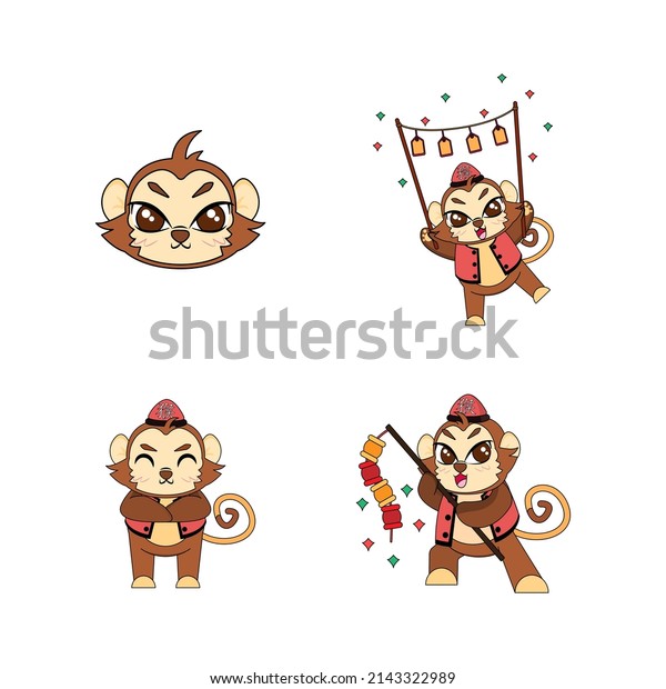 Vektor Stok Set Cute Monkey Cartoon Traditional Clothes (Tanpa Royalti ...