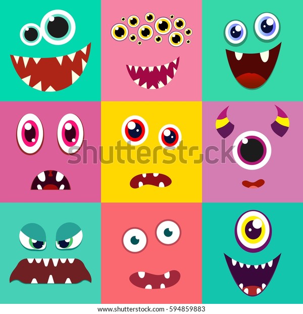 Juego de caras monstruosas adorables. Ilustración vectorial.