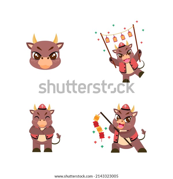 Set Cute Ox Cartoon Traditional Clothes Stock Vector (Royalty Free ...