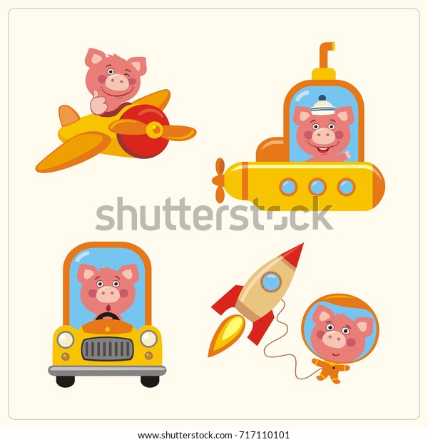 Set Cute Pig Various Transport Airplane Stock Vector (Royalty Free ...