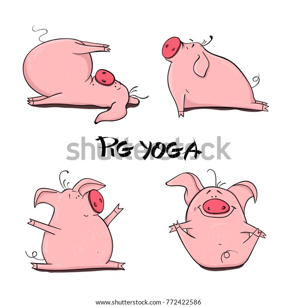 Set of cute piglets in various yoga poses. Vector
