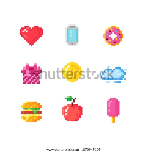 Set Cute Pixel Art Icons 8bit: vector de stock (libre de regalías ...