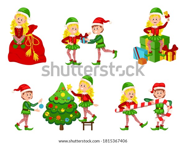 Set Cute Playful Christmas Elves Collection Stock Vector (Royalty Free ...