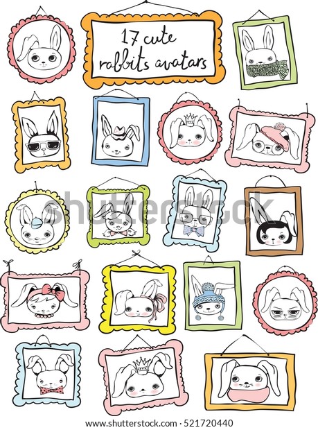Set Cute Rabbit Avatars Portraits Vintage Stock Vector (Royalty Free ...