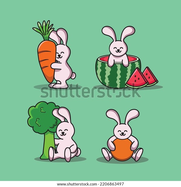 Set Cute Rabbit Traditional Cartoon Illustration Stock Vector (Royalty ...
