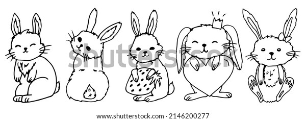 Set Cute Rabbits Black Outline On Stock Vector (Royalty Free ...