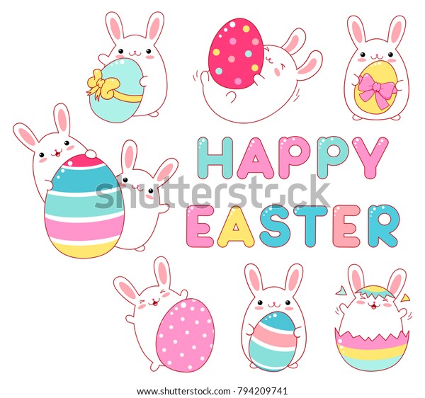 Set Cute Rabbits Easter Eggs Funny Stock Vector (Royalty Free) 794209741