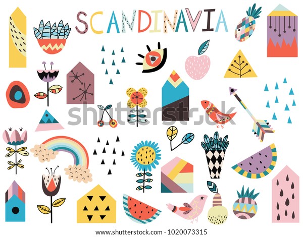 Set Cute Scandinavian Style Elements Hand: เวกเตอร์สต็อก (ปลอดค่า ...