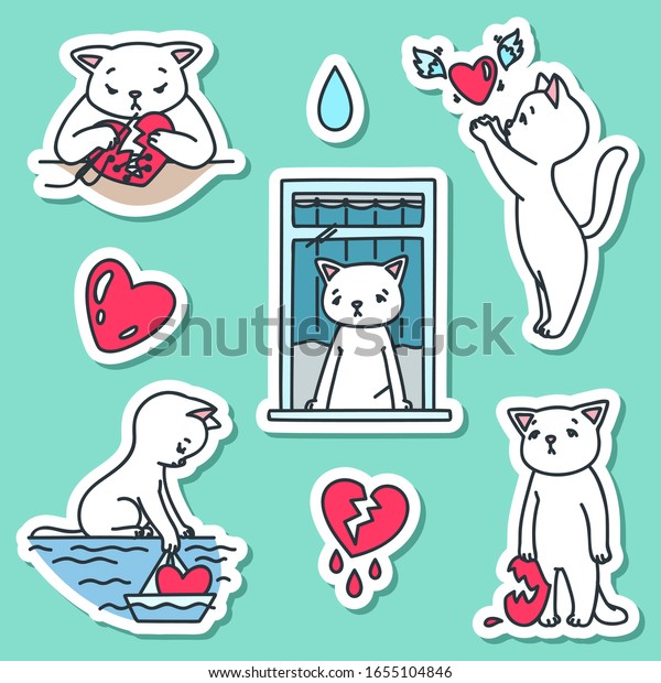 Set Cute Stickers Doodle Illustration Sad Stock Vector (Royalty Free ...