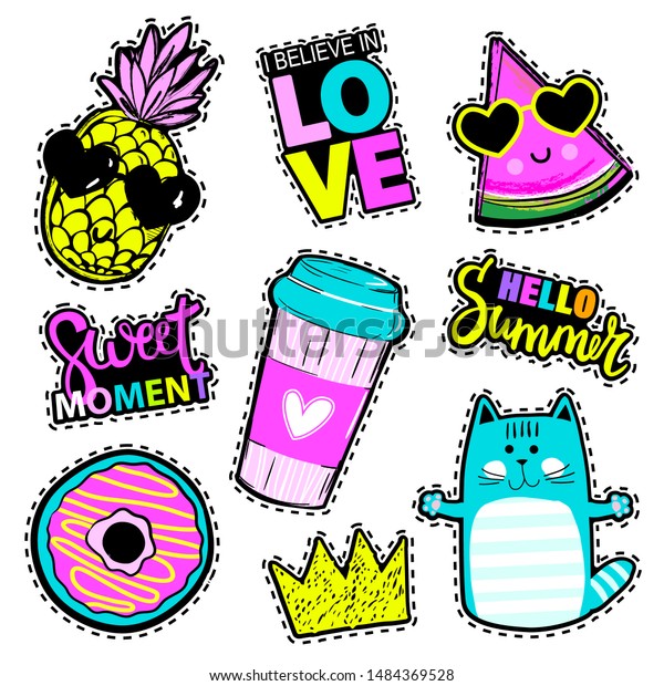 Set Cute Stickers Watermelon Latte Cat Stock Vector (Royalty Free ...