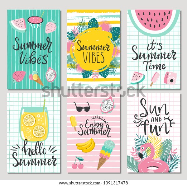 Set of cute summer cards and posters with hand drawn lettering ...
