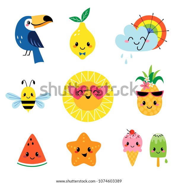 Set Cute Summer Cartoon Characters Isolated Stock Vector (Royalty Free ...