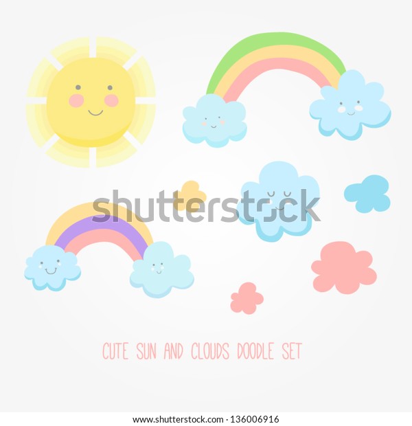 Set of cute sun, cloud and rainbow illustration. Design for children