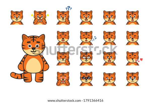 Set Cute Tiger Avatars Emojis Chibi Stok Vektör (Telifsiz) 1791366416