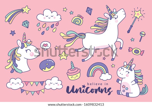 Set Of Cute Unicorns And Magical Elements