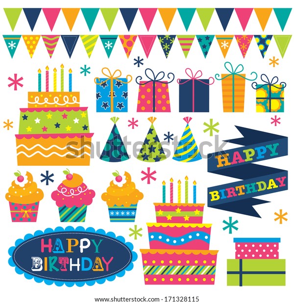 Set Cute Vector Birthday Illustration Designs Stock Vector (Royalty ...
