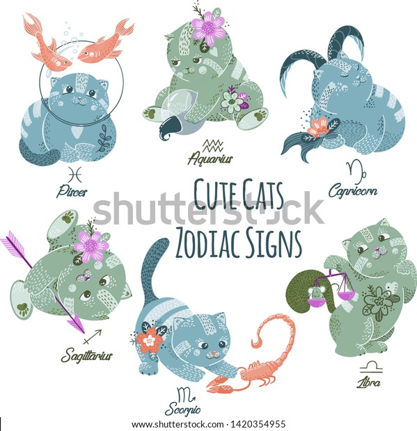 Set Cute Vector Cats Zodiac Signs Stock Vector (Royalty Free) 1420354955