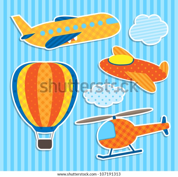 Set of cute vector colorful aircraft stickers