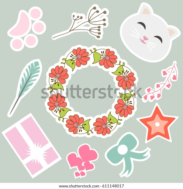 Set Cute Vector Stickers Floral Animal Stock Vector (Royalty Free ...
