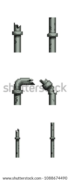The Set of Damaged Pipes. Pixel Art. Vector.