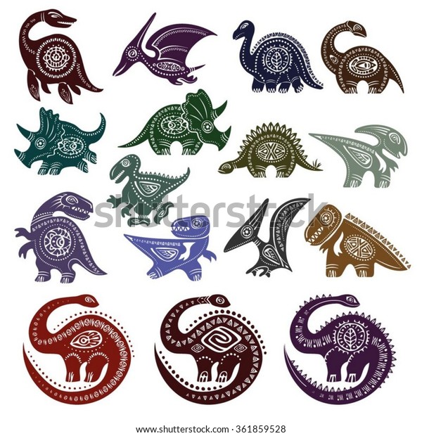 Set Decorative Ancient Totemic Style Dinosaurs Stock Vector (Royalty ...