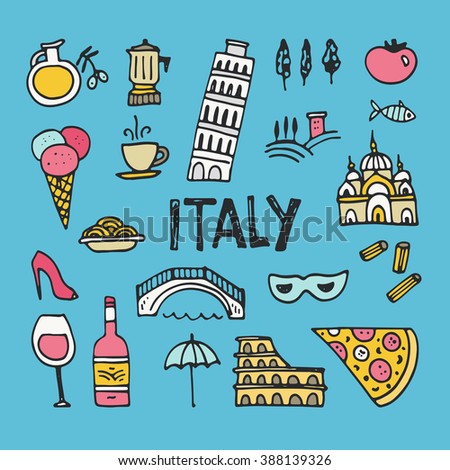 Set Design Elements Italian Symbols Handdrawn Stock Vector (Royalty ...