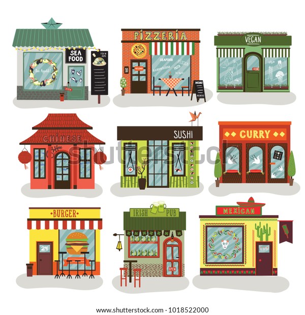 Set Detailed City Facade Buildings Restaurants Stock Vector (Royalty ...