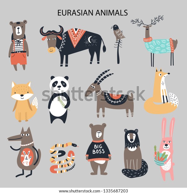 Set Diferent Cartoon Eurasian Animals Cute Stock Vector (Royalty Free ...