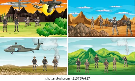 Set Different Army War Scenes Illustration Stock Vector (Royalty Free ...