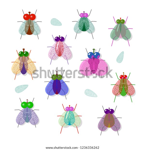 Set Different Colorful Funny Flies: vector de stock (libre de regalías ...