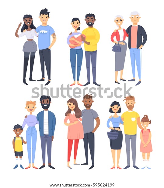 Set Different Couples Families Cartoon Style Stock Vector (Royalty Free ...