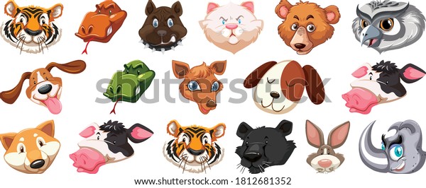 Set Different Cute Cartoon Animals Head Stock Vector (Royalty Free ...