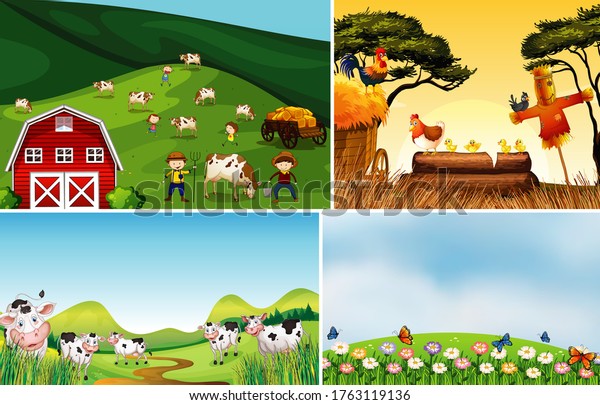 Set Different Farm Scenes Animal Farm Stock Vector (Royalty Free ...