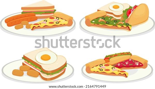 Set Different Foods On Plates Illustration Stock Vector (Royalty Free ...