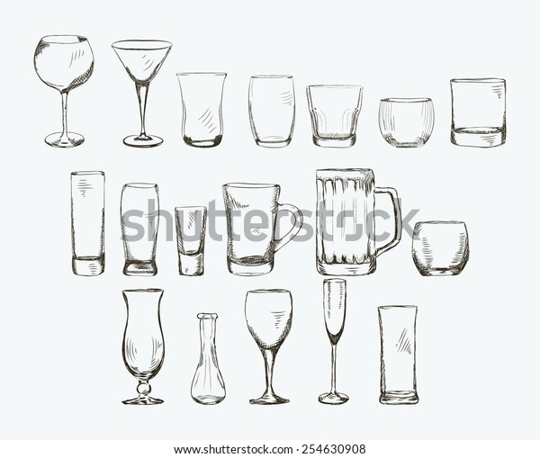 Set Different Glass Hand Drawn Illustration Stock Vector (Royalty Free ...