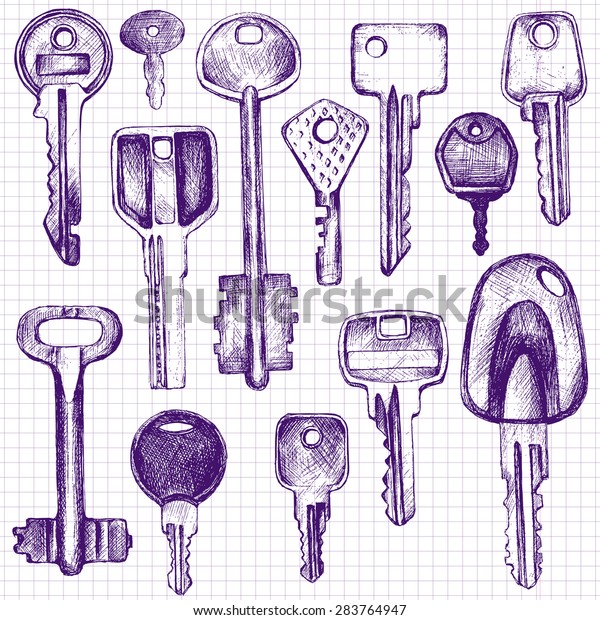Set Different Keys Drawing Ballpoint Pen Stock Vector (Royalty Free ...