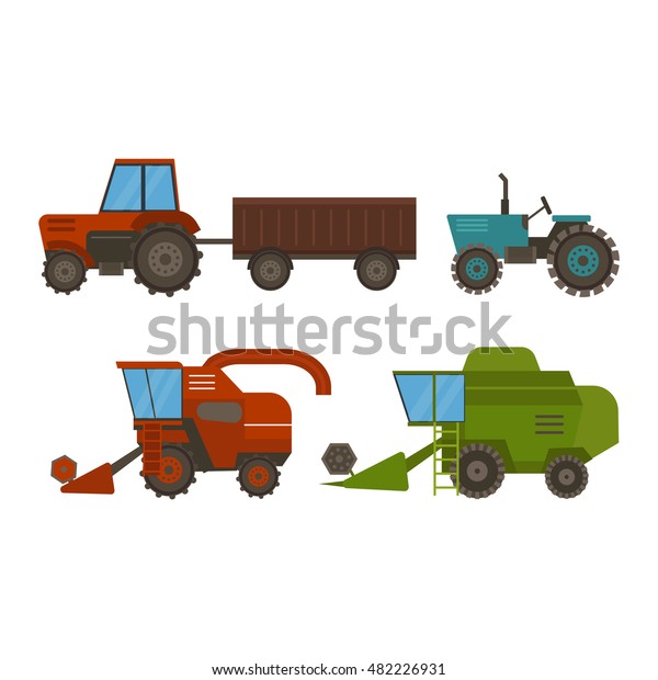 Set of different types of agricultural vehicles and harvester machine ...