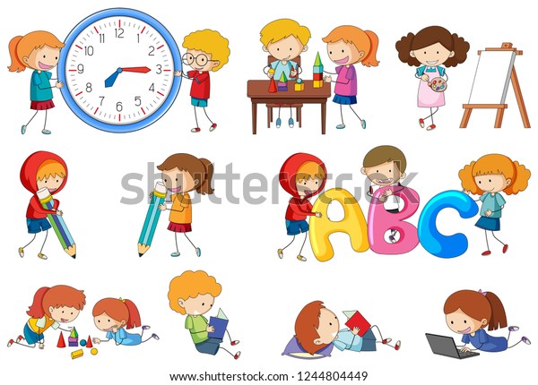 Set Doodle Kids Activity Illustration: เวกเตอร์สต็อก (ปลอดค่าลิขสิทธิ์ ...