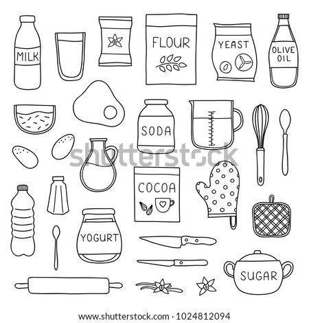 Set Doodle Outline Cooking Baking Ingredients เวกเตอร์สต็อก (ปลอดค่า ...