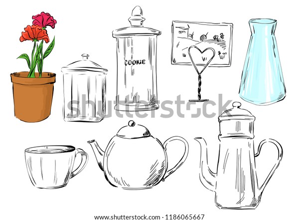 Set Drawings Kitchen Items Sketches Kitchen Stock Vector (Royalty Free ...