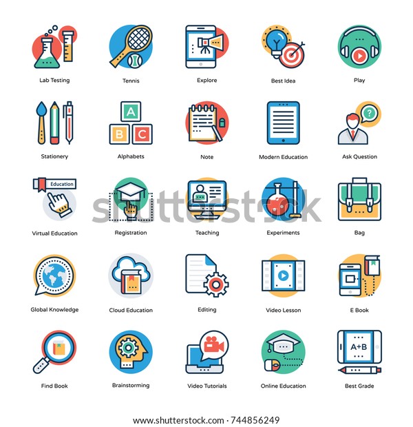 Set Education Flat Line Icons Stock Vector (Royalty Free) 744856249