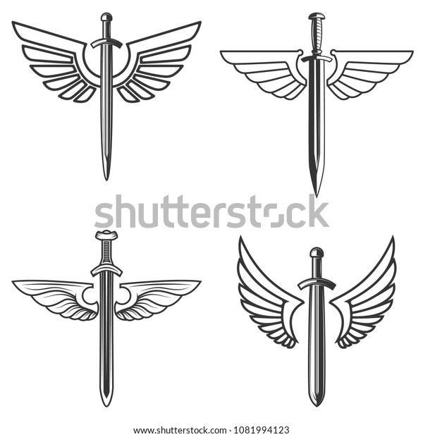 Set Emblems Medieval Sword Wings Design Stock Vector (Royalty Free ...
