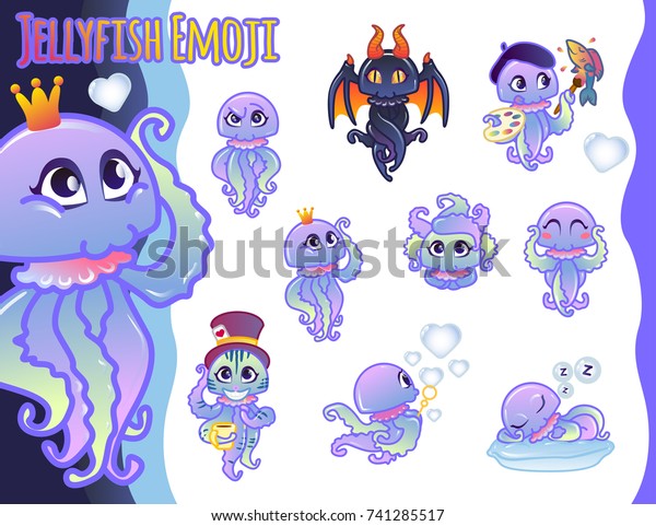 Set Emoticons Vector Set Jellyfish Smile 스톡 벡터(로열티 프리) 741285517 ...