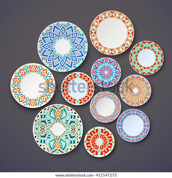 Set Ethnic Dishes Wall Plates Interior Stock Vector (Royalty Free ...