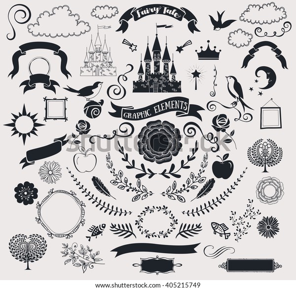 Set of Fairy Tale Graphic Vector Elements - Crisp black clip art ...