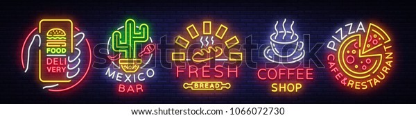 Set Fast Food Logos Collection Neon Stock Vector (Royalty Free) 1066072730