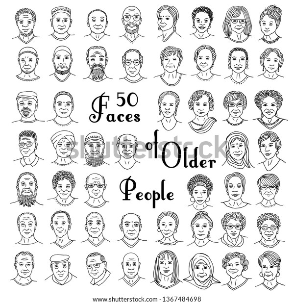 Set Fifty Hand Drawn Faces Older Stock Vector (Royalty Free) 1367484698 ...